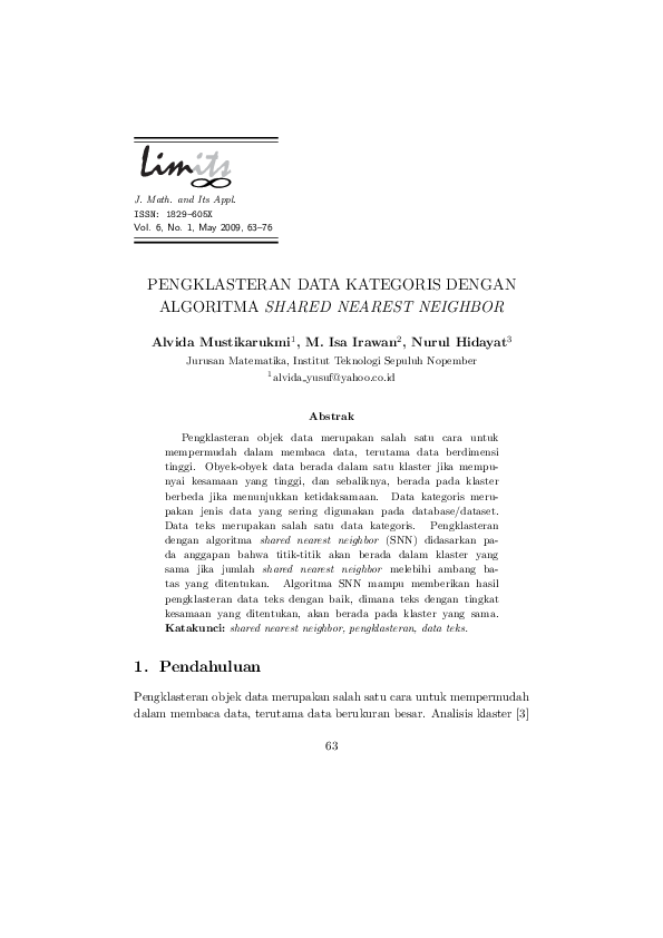 (PDF) Pengklasteran Data Kategoris Dengan Algoritma Shared Nearest Neighbor