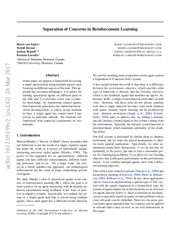 (PDF) Separation of Concerns in Reinforcement Learning