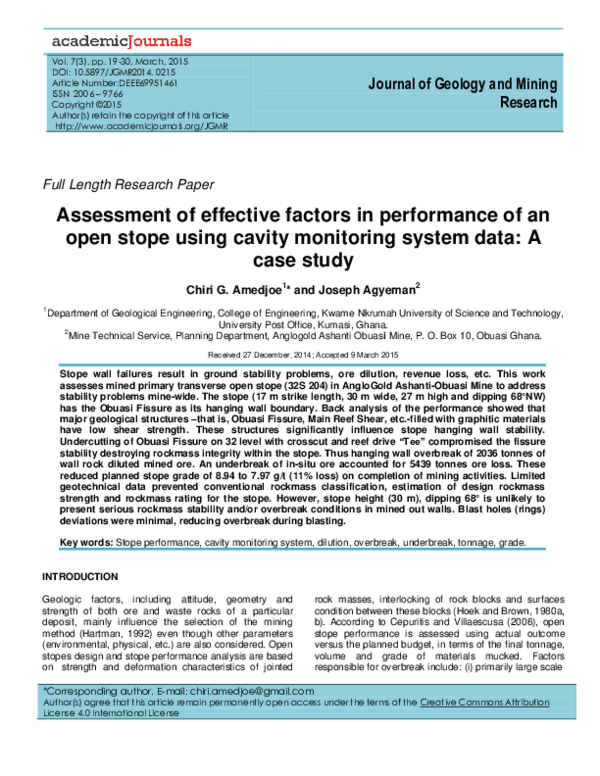 (PDF) Assessment of effective factors in performance of an open stope ...