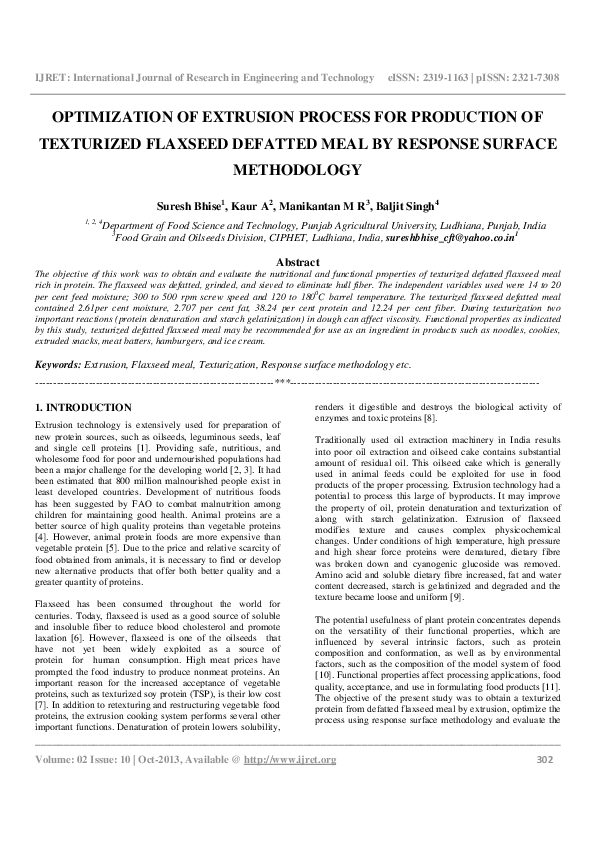 (PDF) Optimization of Extrusion Process for Production of Texturized Flaxseed Defatted Meal by ...