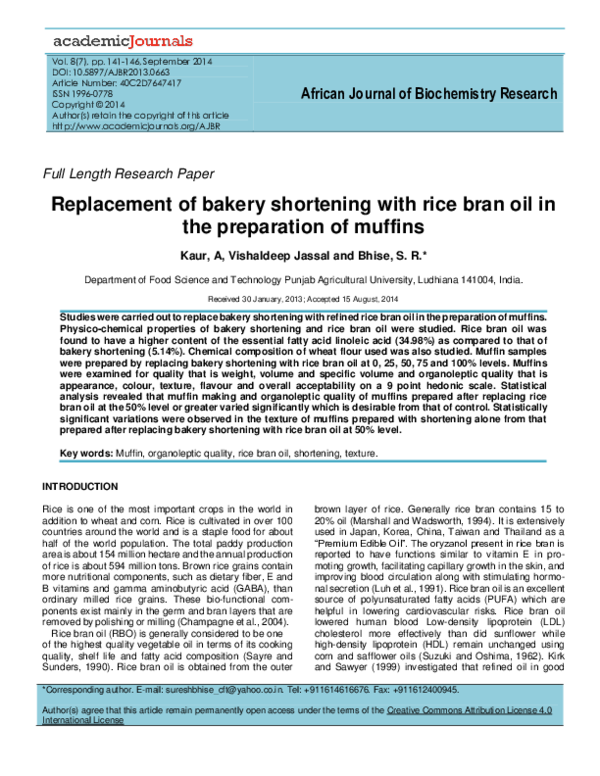 (PDF) Replacement of bakery shortening with rice bran oil in the ...
