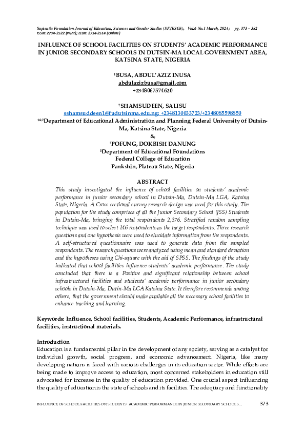 (PDF) INFLUENCE OF SCHOOL FACILITIES ON STUDENTS' ACADEMIC PERFORMANCE ...