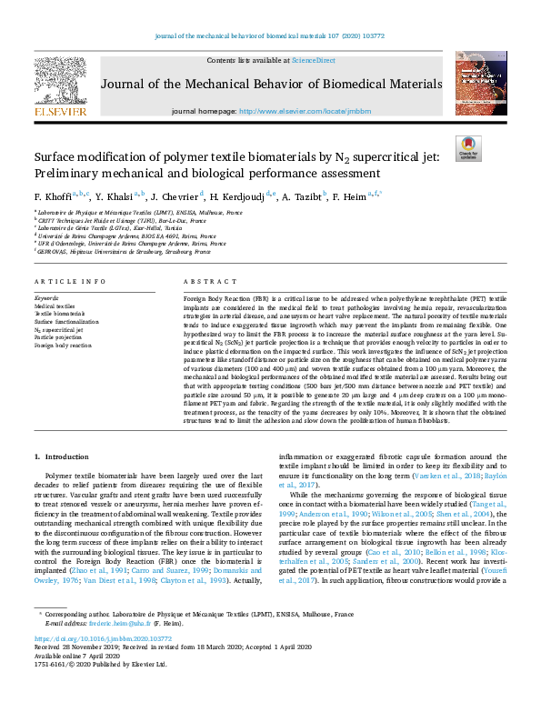 (PDF) Surface modification of polymer textile biomaterials by N2 supercritical jet: Preliminary ...