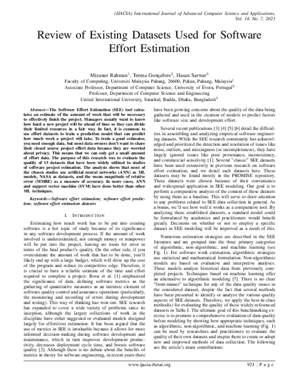(PDF) Review of Existing Datasets Used for Software Effort Estimation