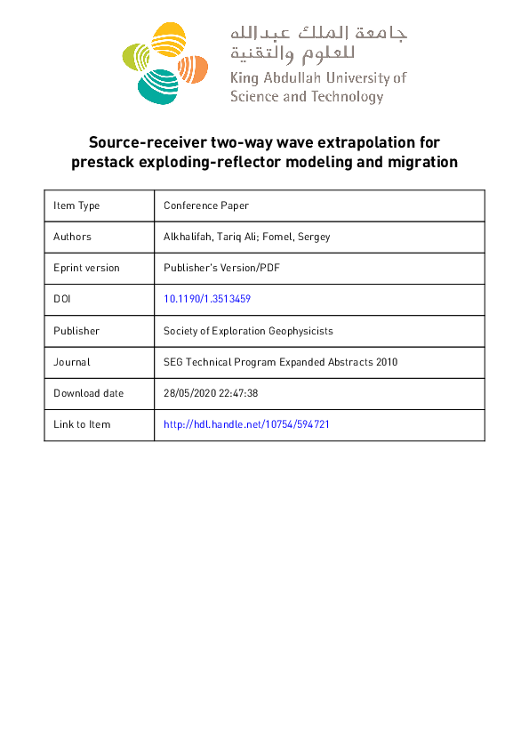 Pdf Source‐receiver Two‐way Wave Extrapolation For Prestack Exploding‐reflector Modeling And