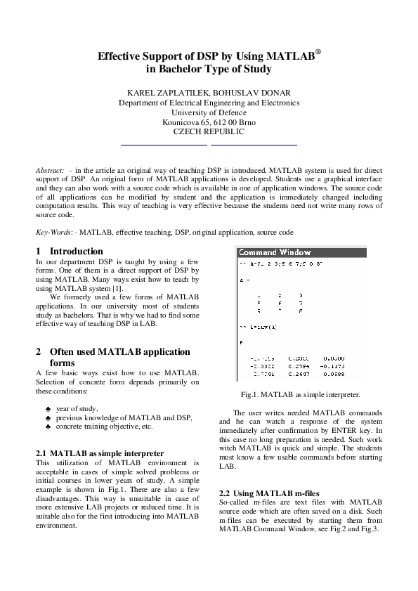 (PDF) Effective support of DSP by using MATLAB® in bachelor type of study