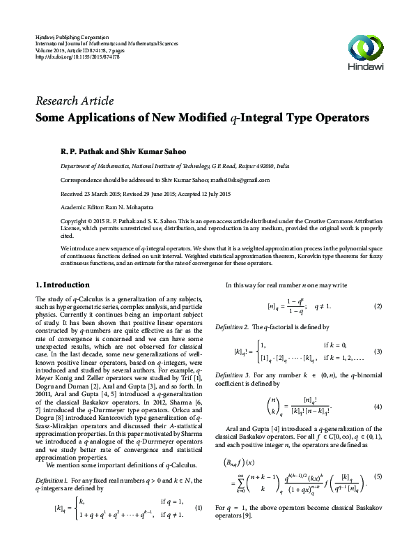 (PDF) Some Applications of New Modifiedq-Integral Type Operators