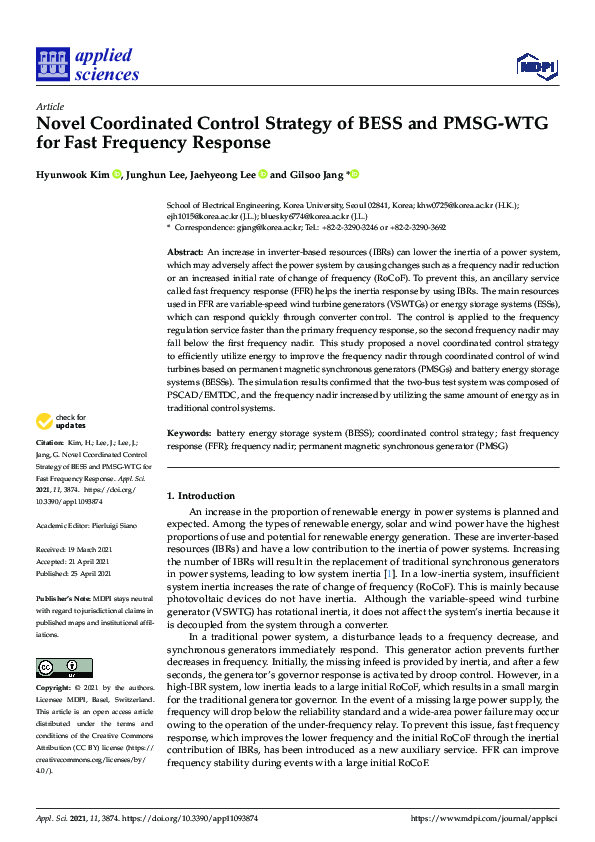 (PDF) Novel Coordinated Control Strategy of BESS and PMSG-WTG for Fast ...