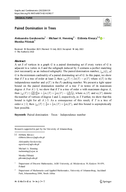 (PDF) Paired Domination in Trees | Aleksandra Gorzkowska and Elżbieta Kleszcz - Academia.edu