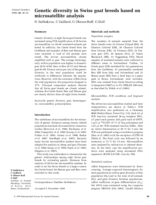 (PDF) Genetic diversity in Swiss goat breeds based on microsatellite analysis