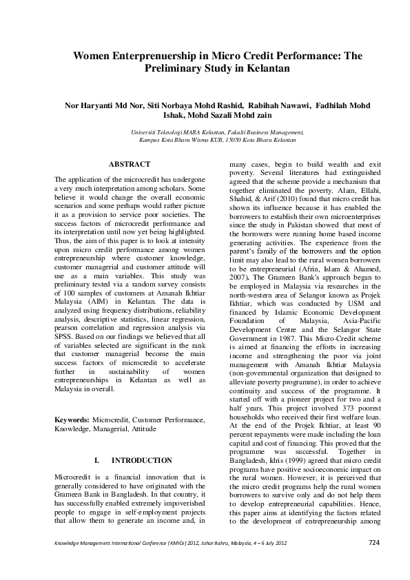 (PDF) Women Enterprenuership in Micro Credit Performance: The Preliminary Study in Kelantan