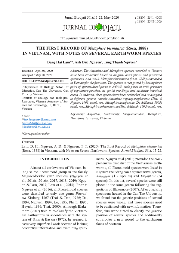 The First Record of Metaphire Birmanica (Rosa, 1888) in Vietnam, with ...