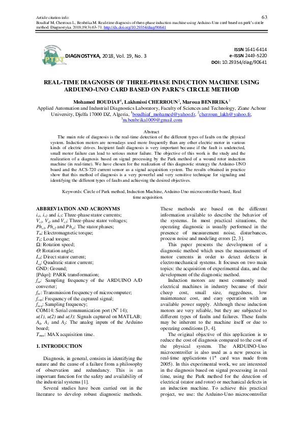 (PDF) Real-time diagnosis of three-phase induction machine using Arduino-Uno card based on park ...