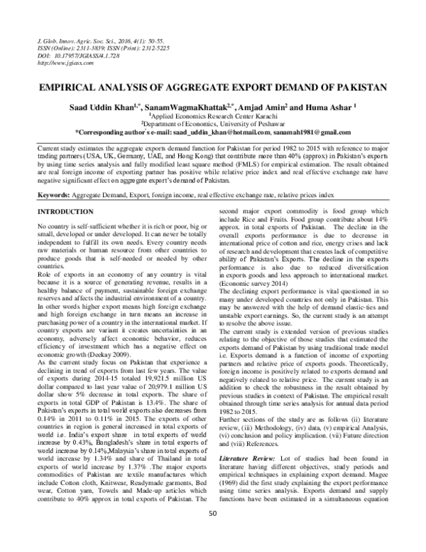 Empirical Analysis of Aggregate Export Demand of Pakistan