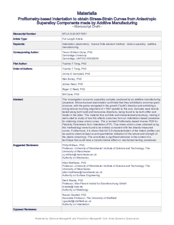 (PDF) Profilometry-based indentation plastometry to obtain stress ...