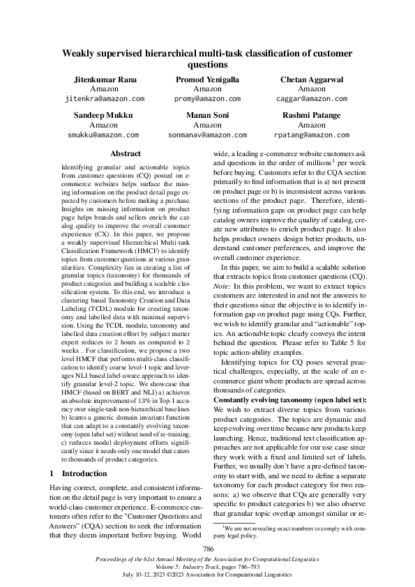 (PDF) Weakly supervised hierarchical multi-task classification of customer questions