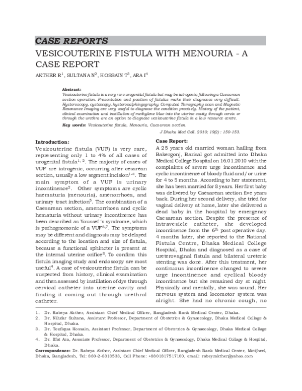 (PDF) Vesicouterine Fistula with Menouria - A Case Report