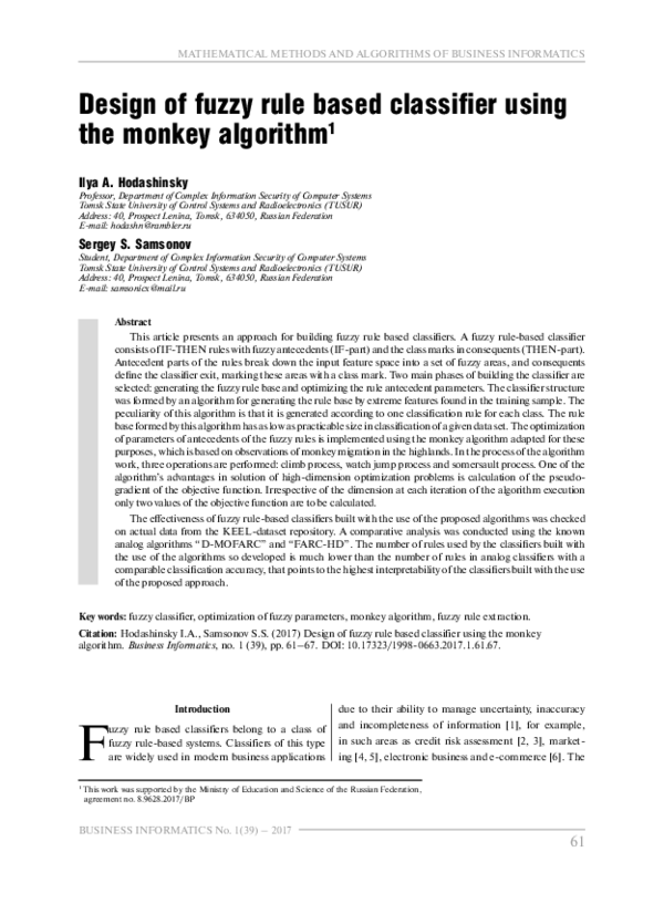 (PDF) Design of fuzzy rule based classifier using the monkey algorithm (PDF) Design of fuzzy rule based classifier using the monkey algorithm