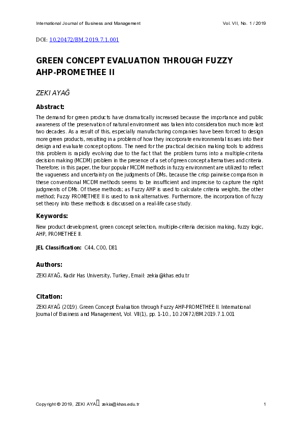 (PDF) Green Concept Evaluation Through Fuzzy Ahp-Promethee II