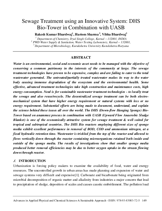(PDF) Sewage Treatment using an Innovative System: DHS Bio-Tower in ...