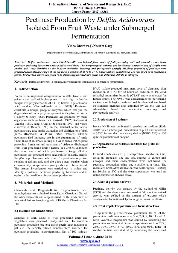 (PDF) Pectinase Production by Delftia Acidovorans Isolated From Fruit Waste under Submerged ...