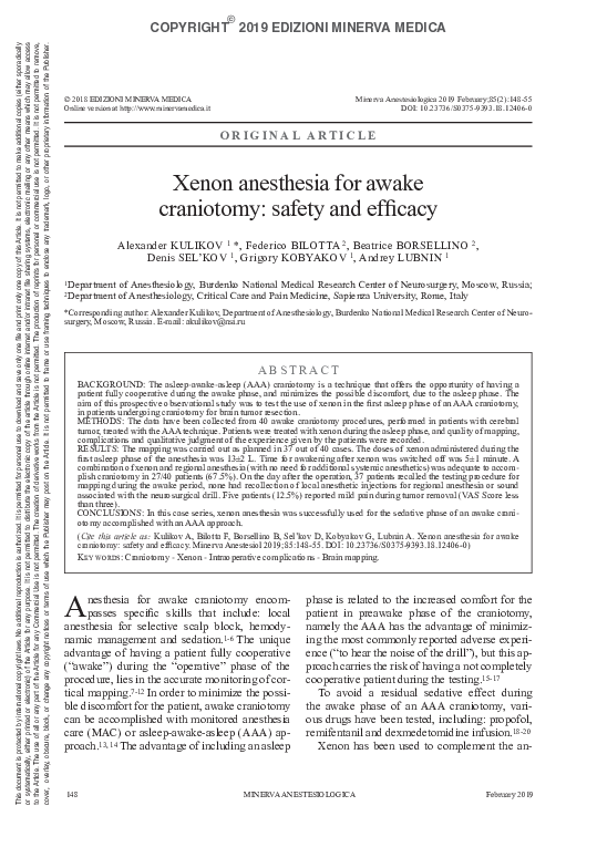 (PDF) Xenon anesthesia for awake craniotomy: safety and efficacy