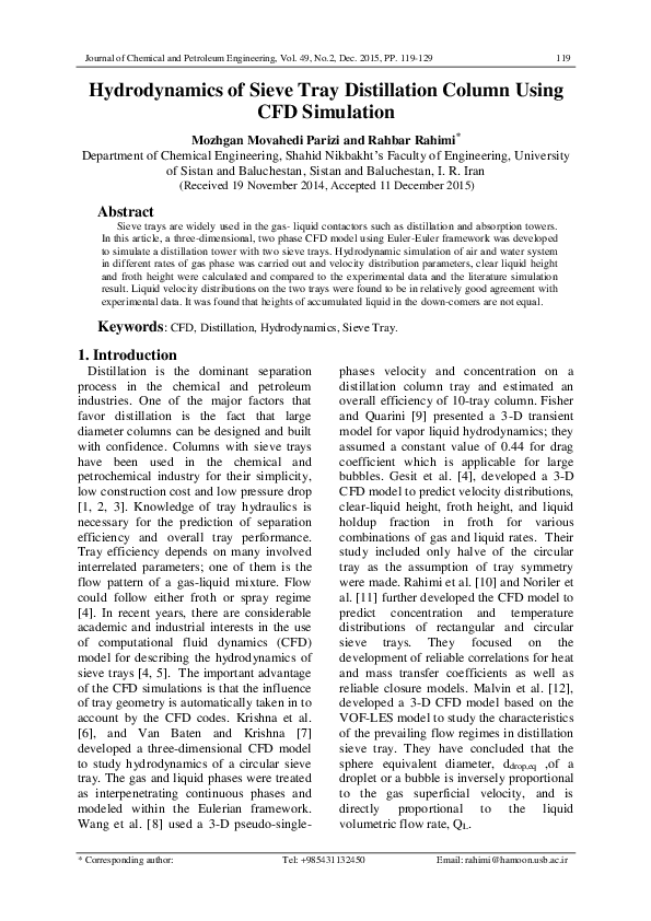 (PDF) Hydrodynamics of Sieve Tray Distillation Column Using CFD Simulation