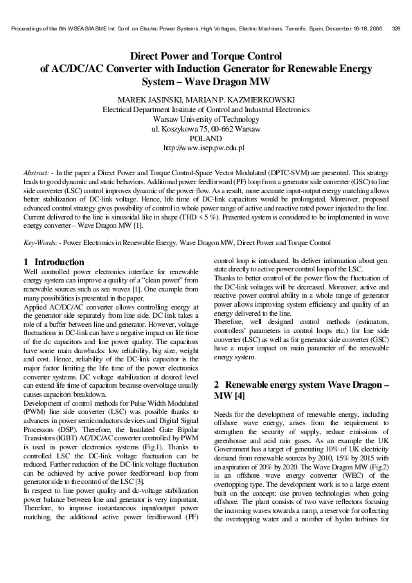 (PDF) Direct Power and Torque Control of AC/DC/AC Converter with Induction Generator for ...