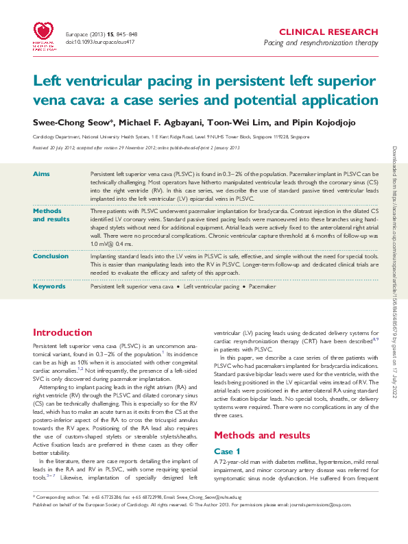 (PDF) Left ventricular pacing in persistent left superior vena cava: a ...
