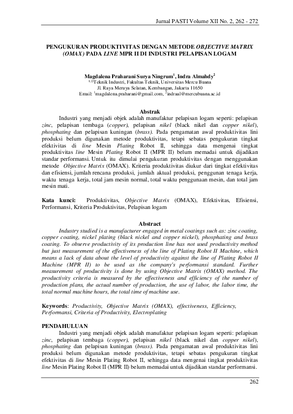 (PDF) Pengukuran Produktivitas Dengan Metode Objective Matrix (Omax) Pada Line MPR II DI ...