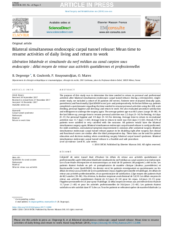 (PDF) Bilateral simultaneous endoscopic carpal tunnel release: Mean ...