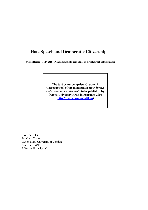 (PDF) Hate Speech and Democratic Citizenship