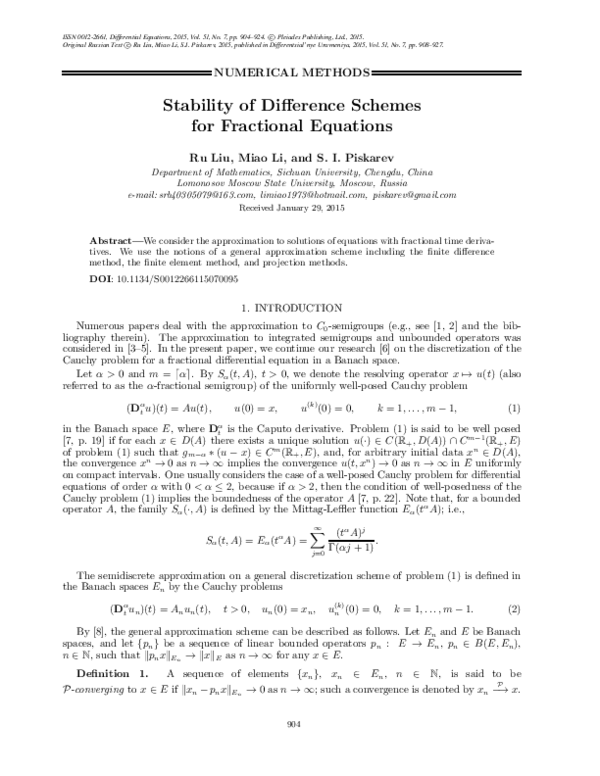 (PDF) Stability of difference schemes for fractional evolution equations in Banach spaces