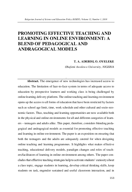(PDF) PROMOTING EFFECTIVE TEACHING AND LEARNING IN ONLINE ENVIRONMENT: A BLEND OF PEDAGOGICAL ...