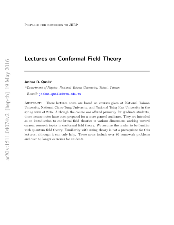 (PDF) Lectures on Conformal Field Theory