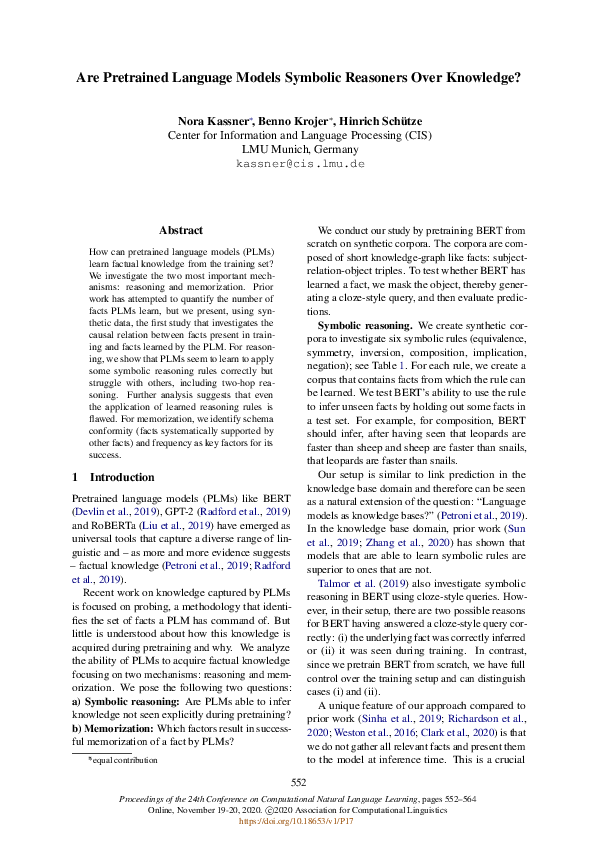 (PDF) Are Pretrained Language Models Symbolic Reasoners over Knowledge?