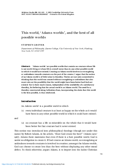(PDF) This world, ‘Adams worlds’, and the best of all possible worlds