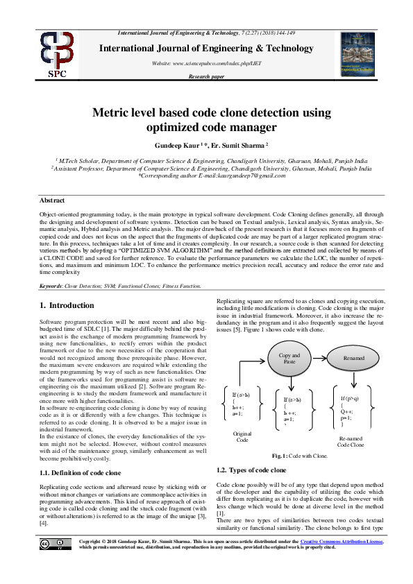 Pdf Metric Level Based Code Clone Detection Using Optimized Code Manager