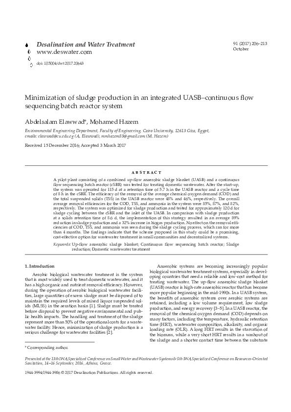 (PDF) Minimization of sludge production in an integrated UASB-continuous flow sequencing batch ...