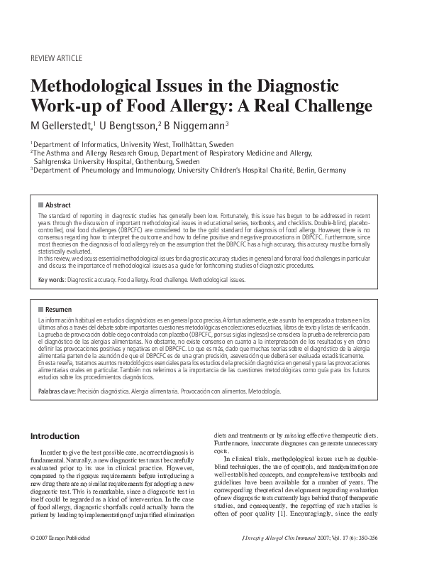 (PDF) Methodological issues in the diagnostic work-up of food allergy: a real challenge