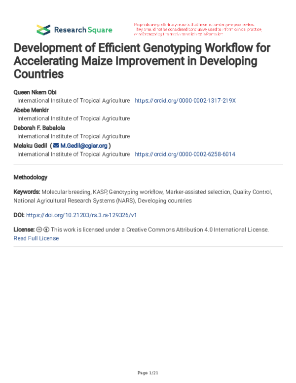 (PDF) Development of Efficient Genotyping Workflow for Accelerating Maize Improvement in ...