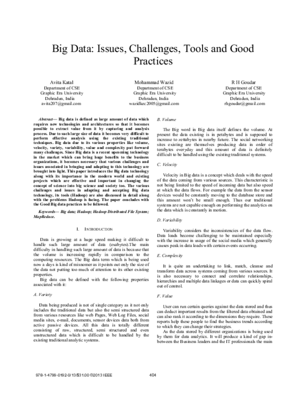 (PDF) Big data: Issues, challenges, tools and Good practices