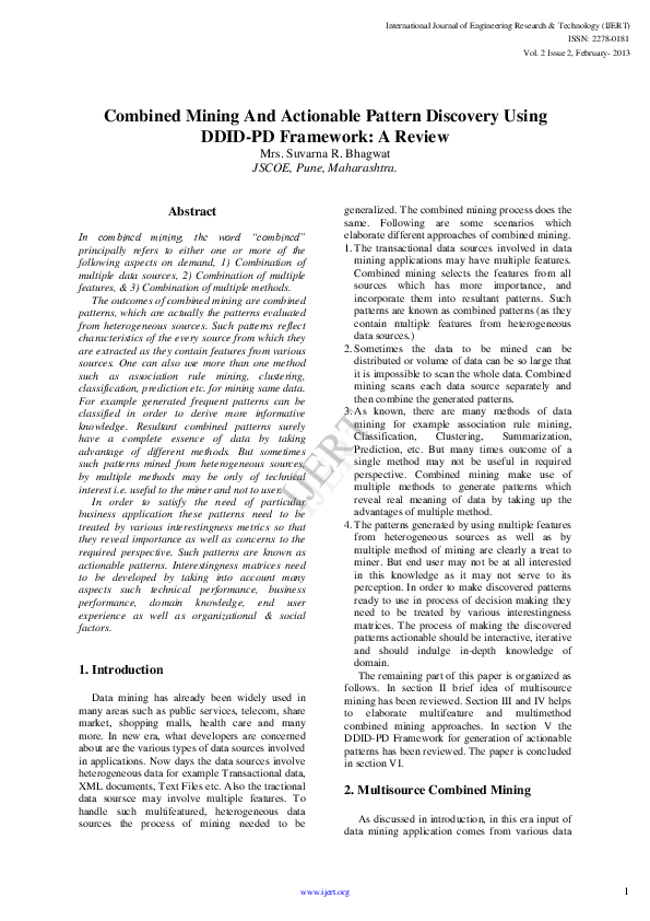 (PDF) Combined Mining And Actionable Pattern Discovery Using DDID-PD Framework: A Review