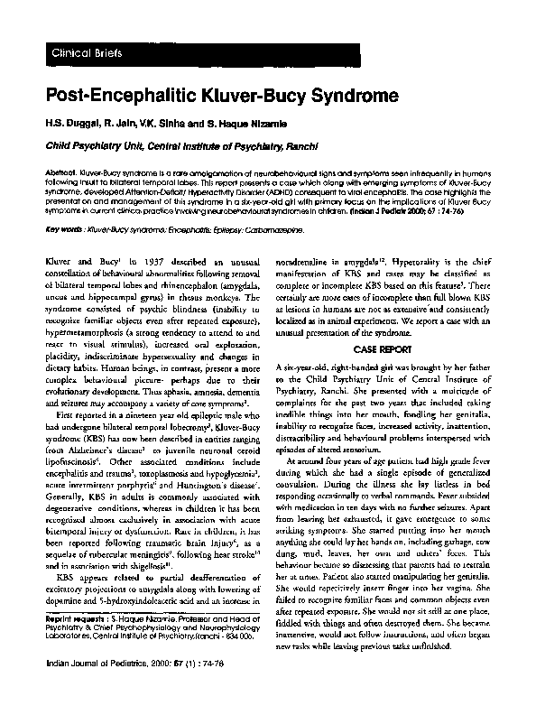 (PDF) Post-encephalitic kluver-bucy syndrome