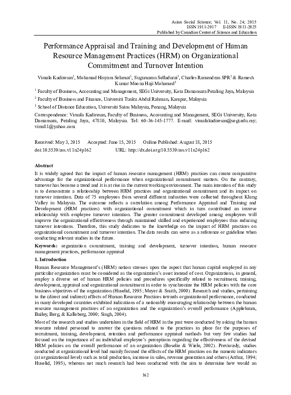 (PDF) Performance Appraisal and Training and Development of Human Resource Management Practices ...