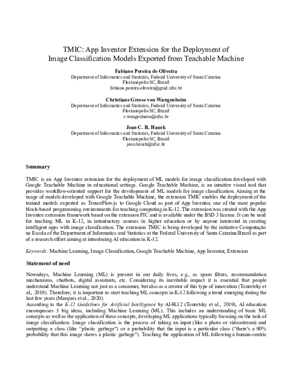 (PDF) TMIC: App Inventor Extension for the Deployment of Image Classification Models Exported ...