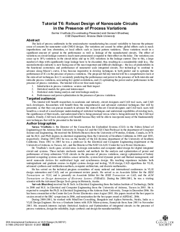 (PDF) Tutorial T6: Robust Design of Nanoscale Circuits in the Presence of Process Variations ...
