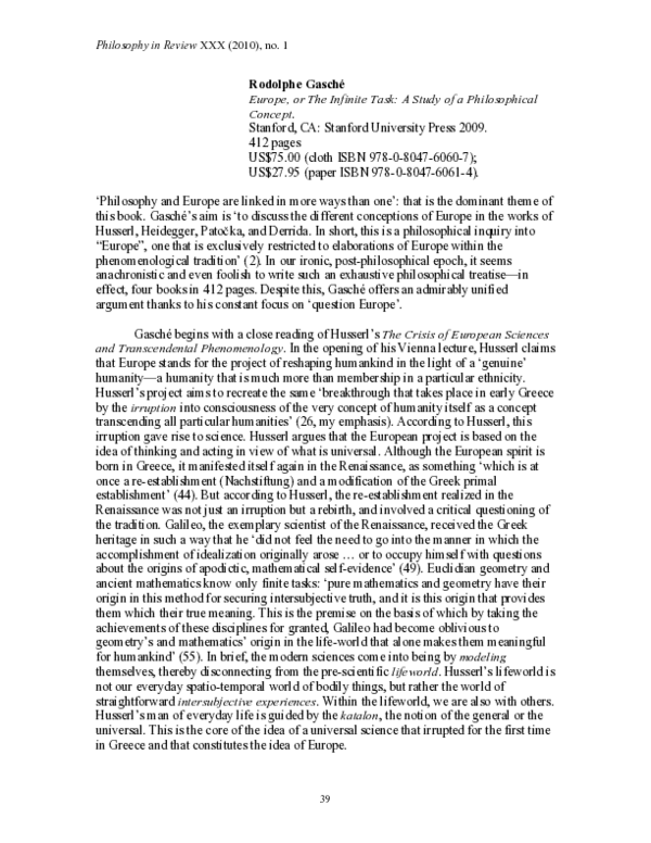 (PDF) Rodolphe Gasché, Europe, or The Infinite Task: A Study of a ...