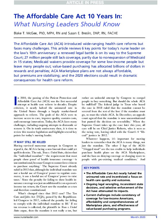 (PDF) The Affordable Care Act 10 Years In