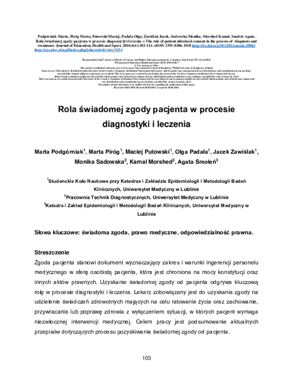 (PDF) Rola świadomej zgody pacjenta w procesie diagnostyki i leczenia = The role of patient ...
